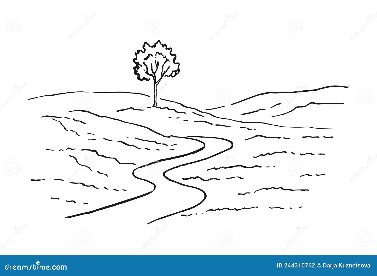 Rural Landscape with Road and Tree. Hand Drawn Illustration Converted ...