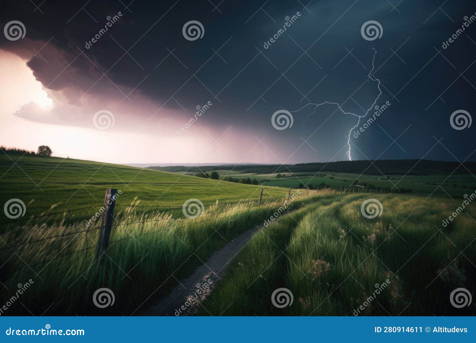 Rural Landscape with a Stormy Sky, with Lightning Striking the Ground ...