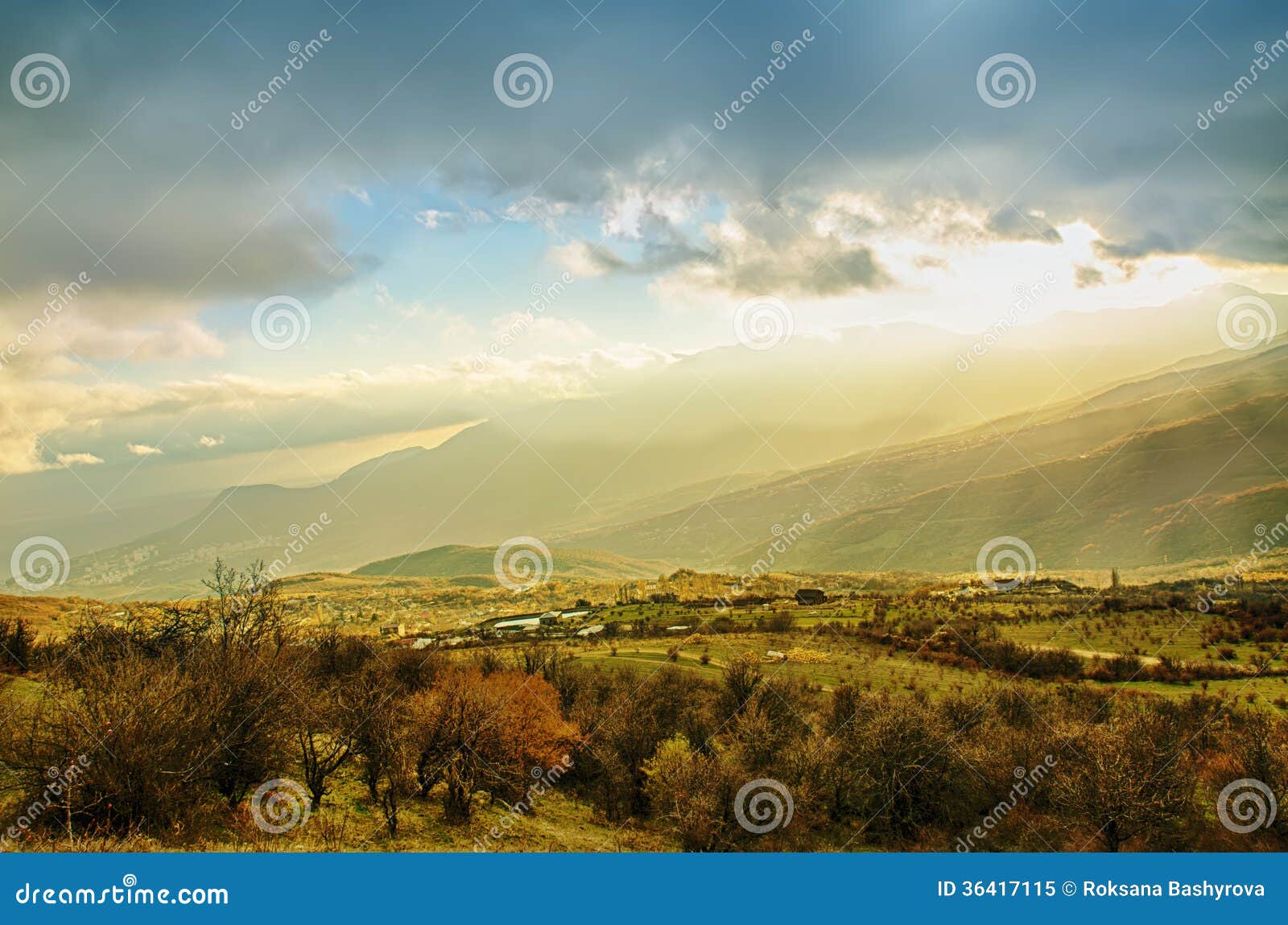 Rural Landscape with Sun Rays Stock Image - Image of green, dramatic ...