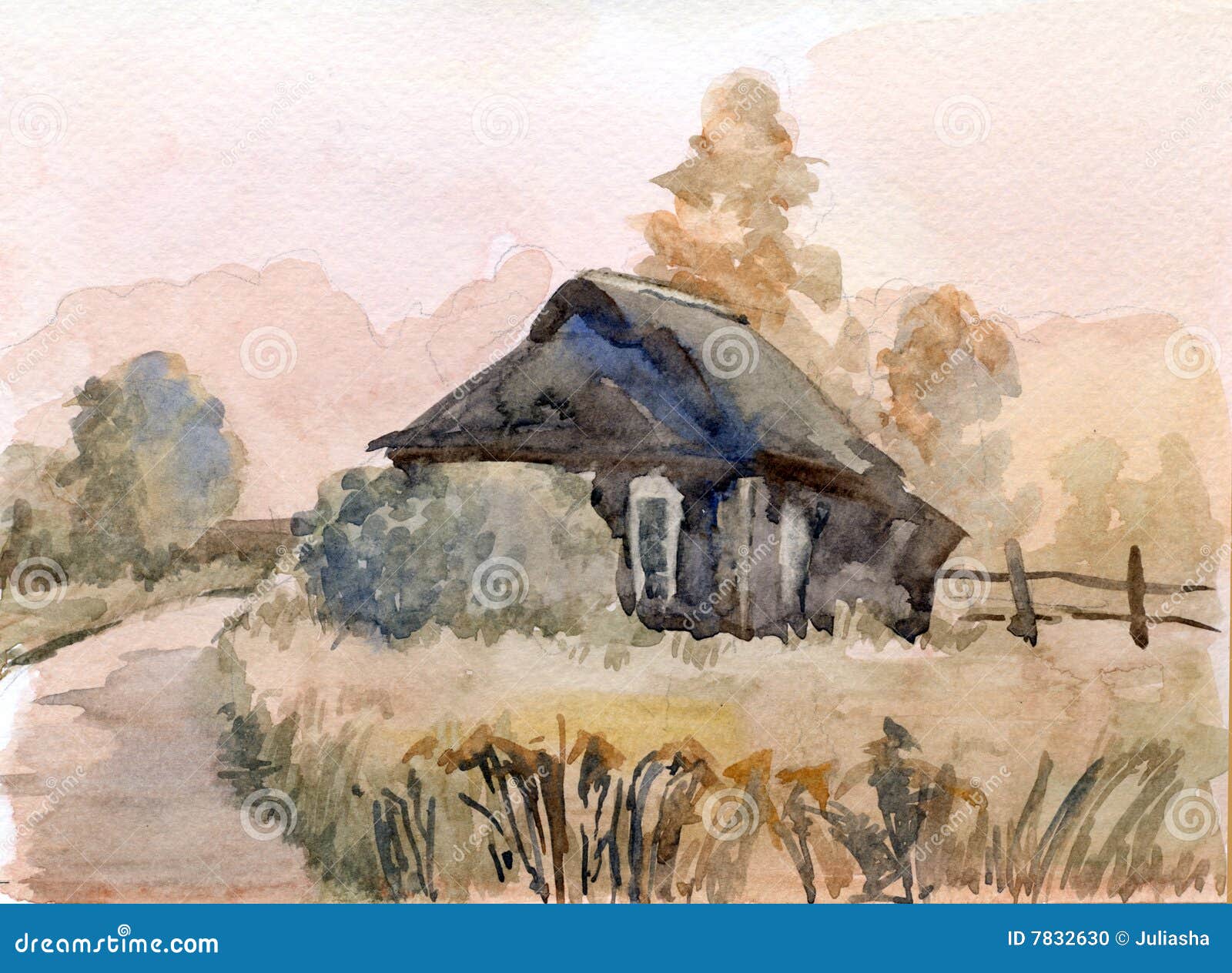 Rural Landscape. Watercolor Stock Illustration - Illustration of ...