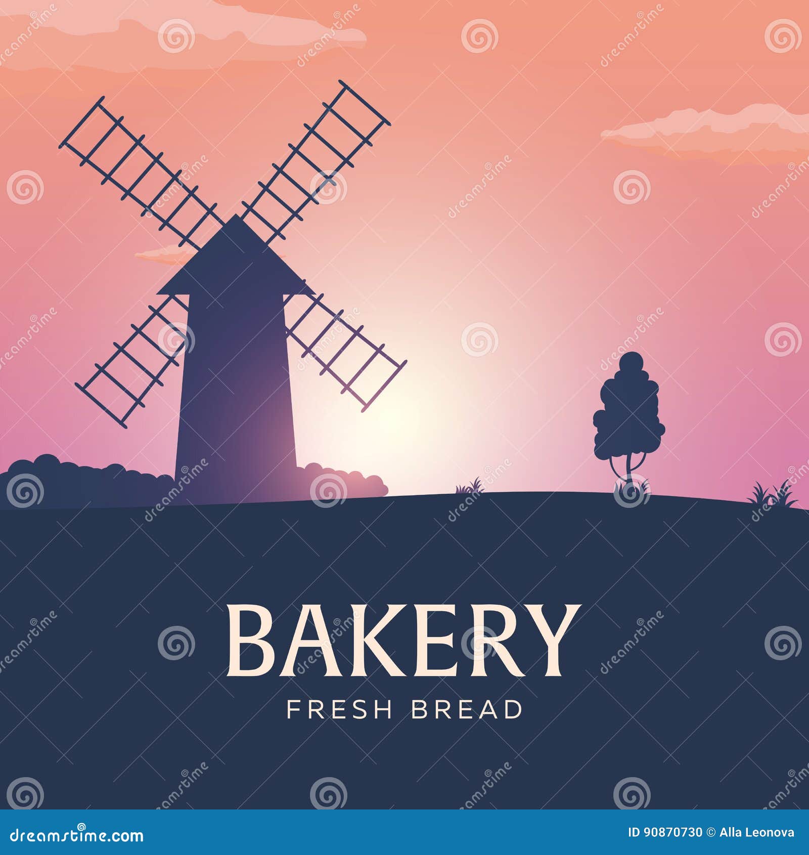 Rural Landscape with Windmill. Sunrise. Bakery. Fresh Bread. Vector ...