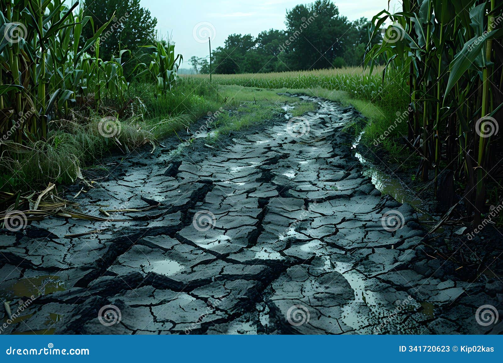 Rural Pathway in Drought: Cracked Mud and Cornfields Under Overcast Sky ...