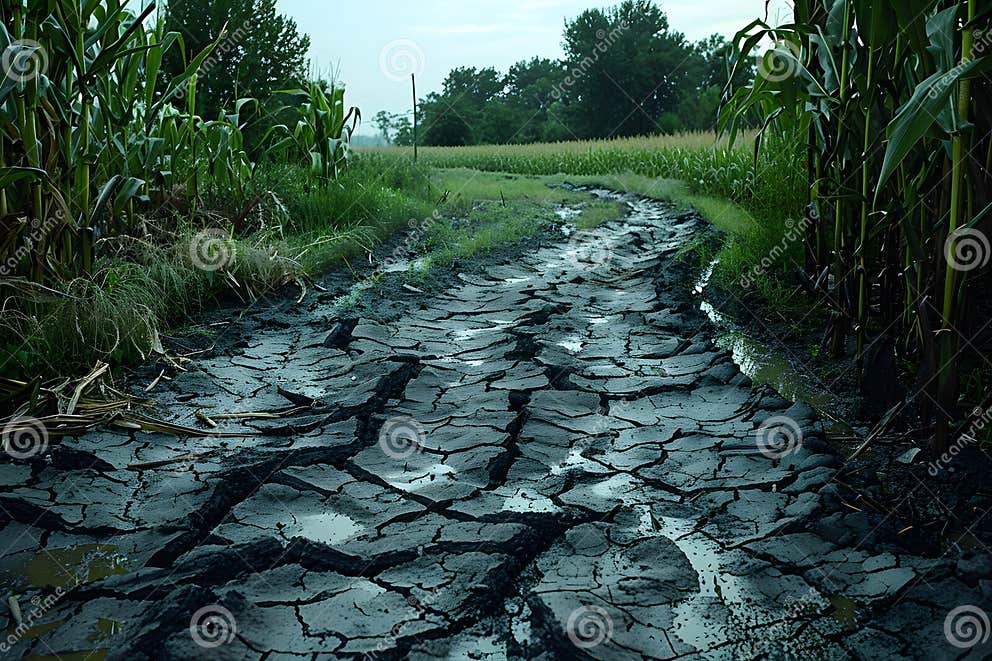 Rural Pathway in Drought: Cracked Mud and Cornfields Under Overcast Sky ...