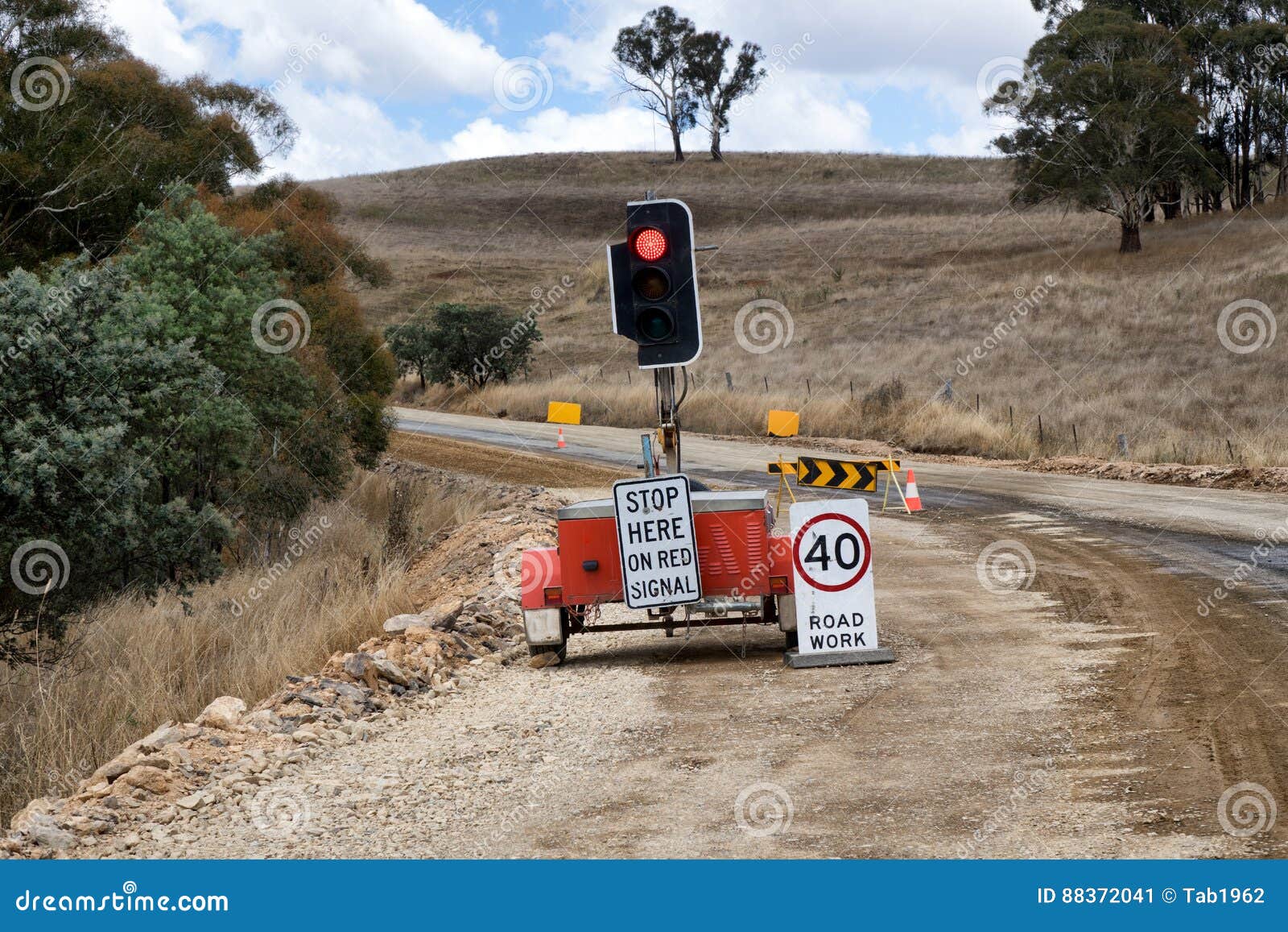 Rural Road Construction with Traffic Light and Signs Stock Image ...