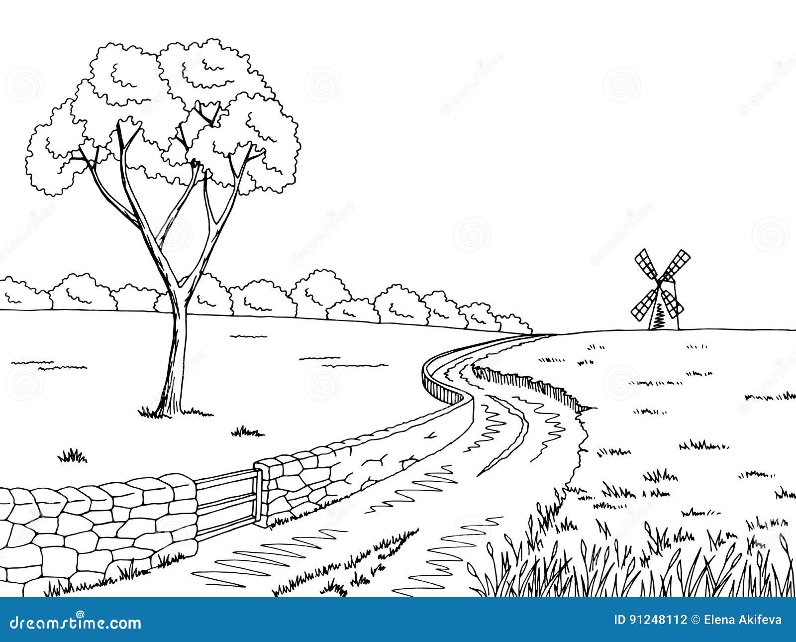 Rural Road Graphic Black White Landscape Sketch Illustration Stock ...