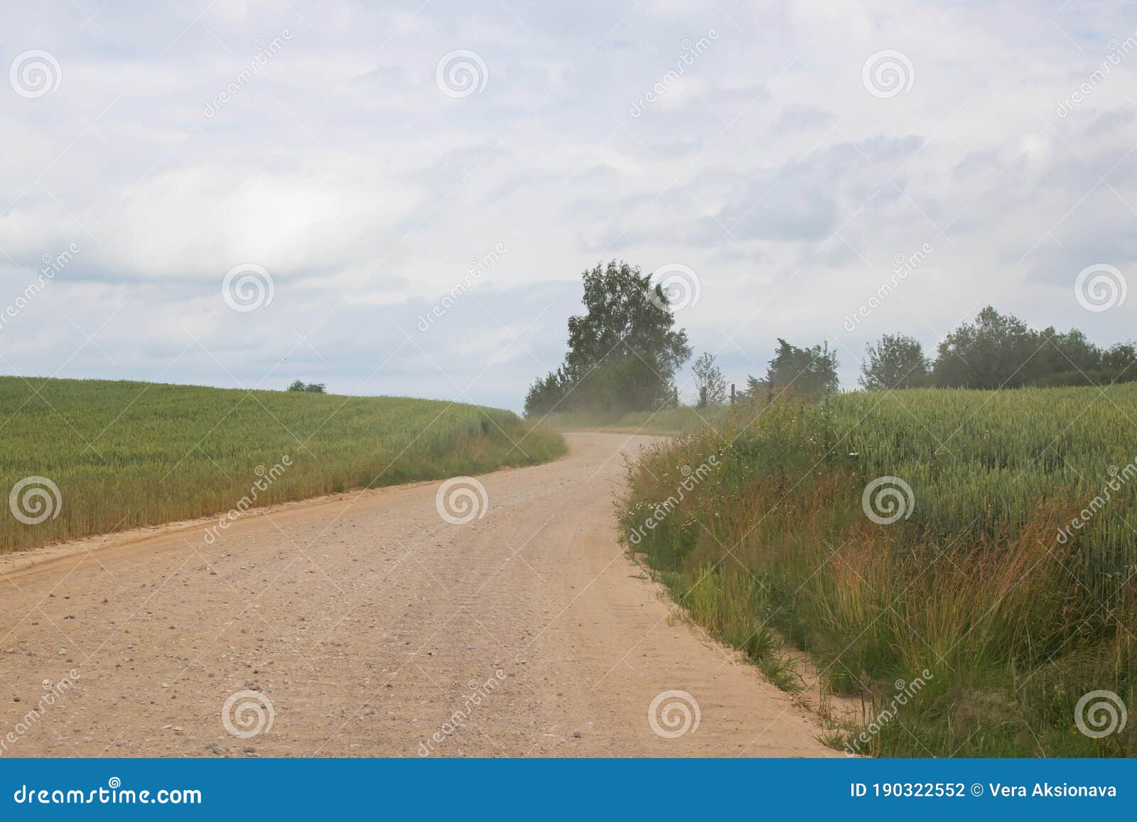 Rural Sandy Road Through Green Field And Blue Sky On Background Stock ...