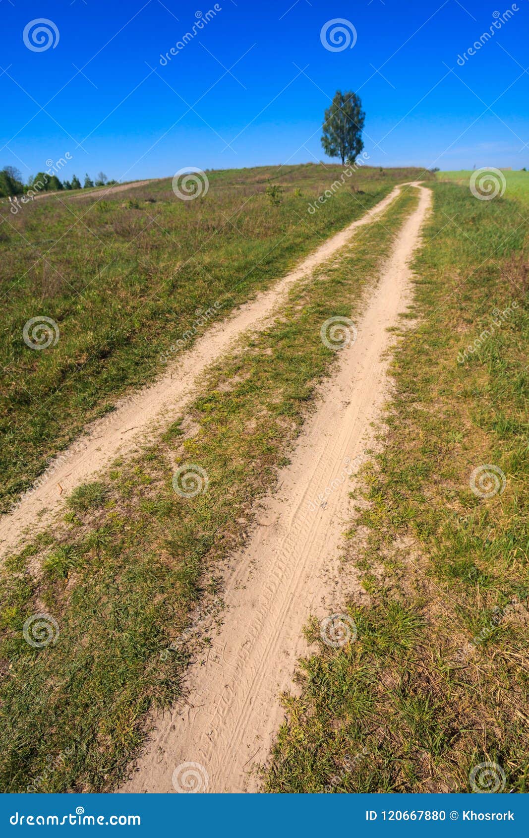 Rural Sandy Road Through Green Field And Blue Sky On Background Stock ...