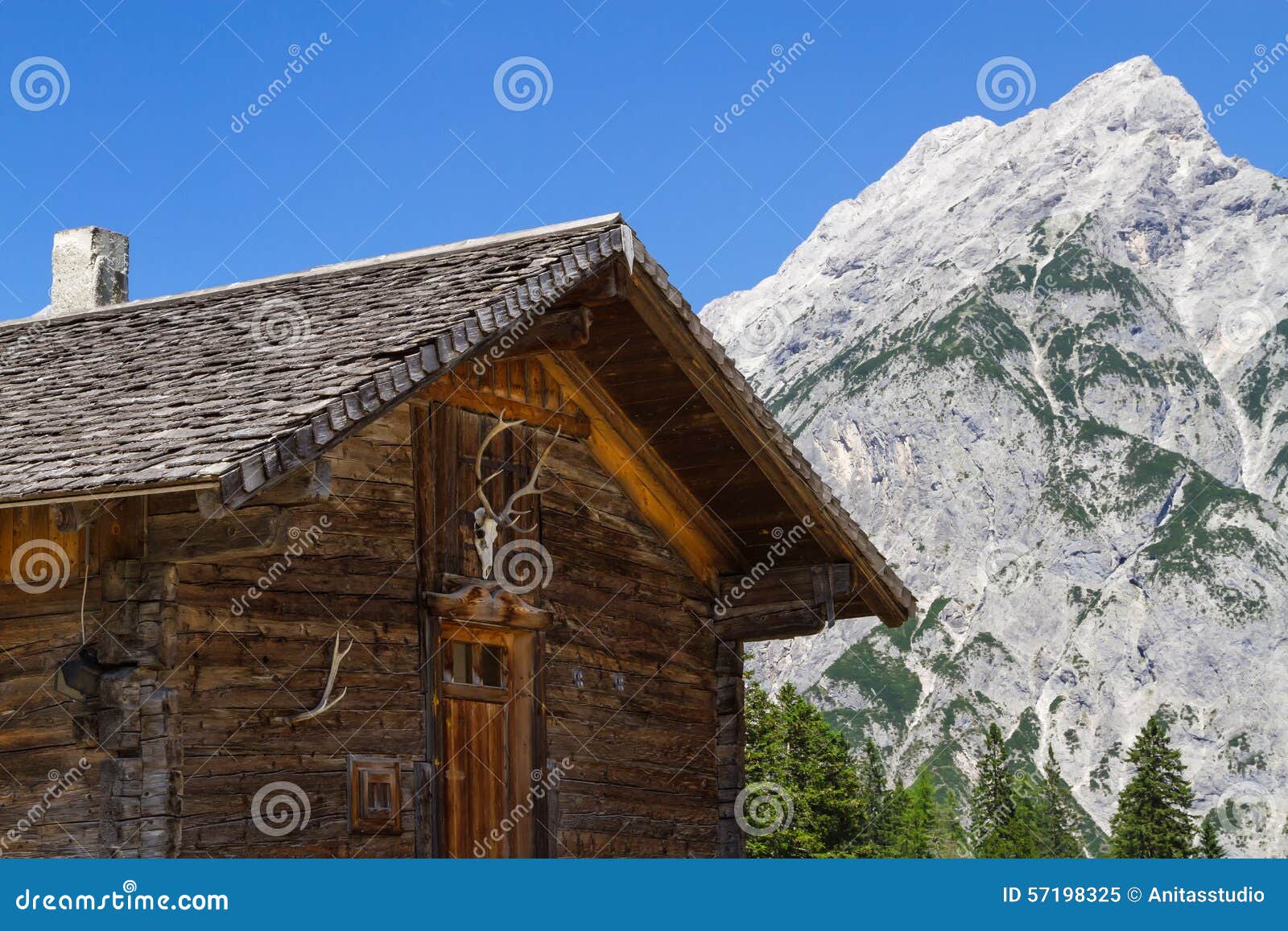 Rural Scene with Mountain Range and Old Alpine Hut Stock Image - Image ...