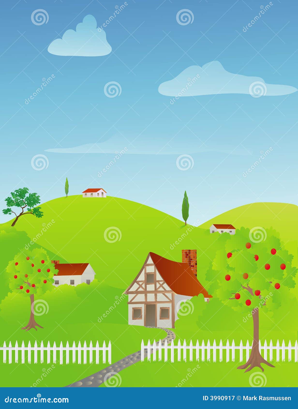 Rural Spring Landscape With Fields, Hills, Wind Turbine And Barn Or ...