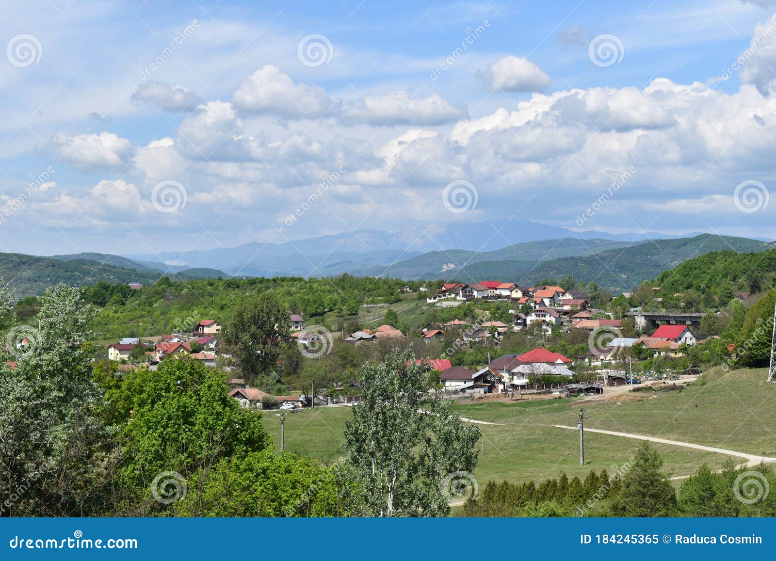 Rural Village Landscape with Mountains Stock Image - Image of green ...