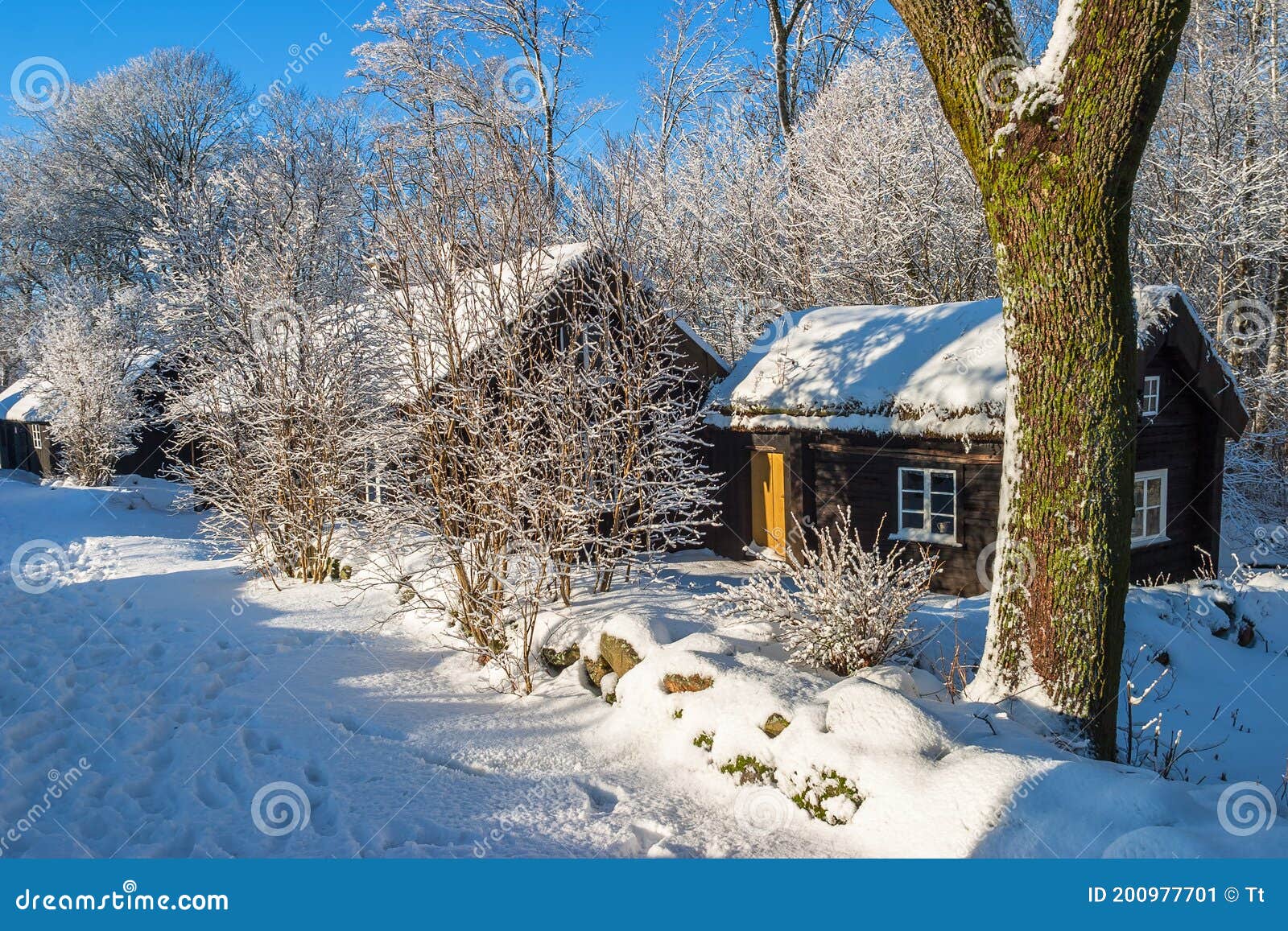 Rural Winter Landscape with Old Cottages Stock Image - Image of nordic ...