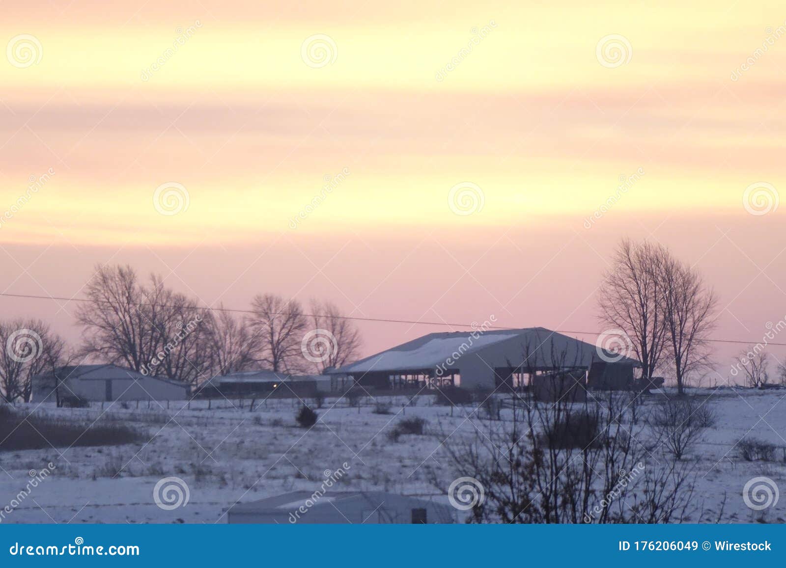 Rural Winter Scene of a Barn and Sunset in the Midwest Stock Image ...