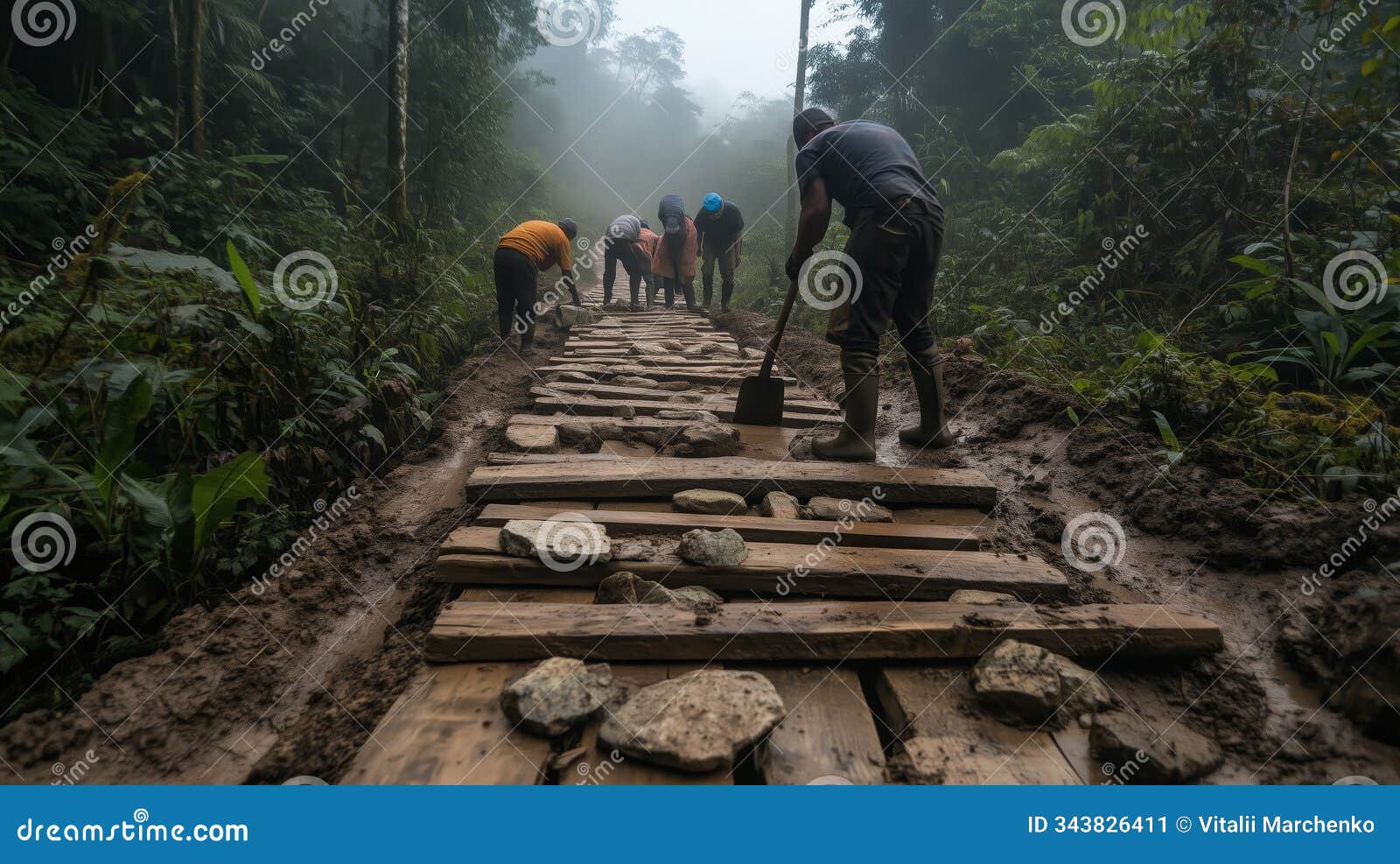 Rural Workers Building Muddy Road in Lush Jungle Environment Stock ...