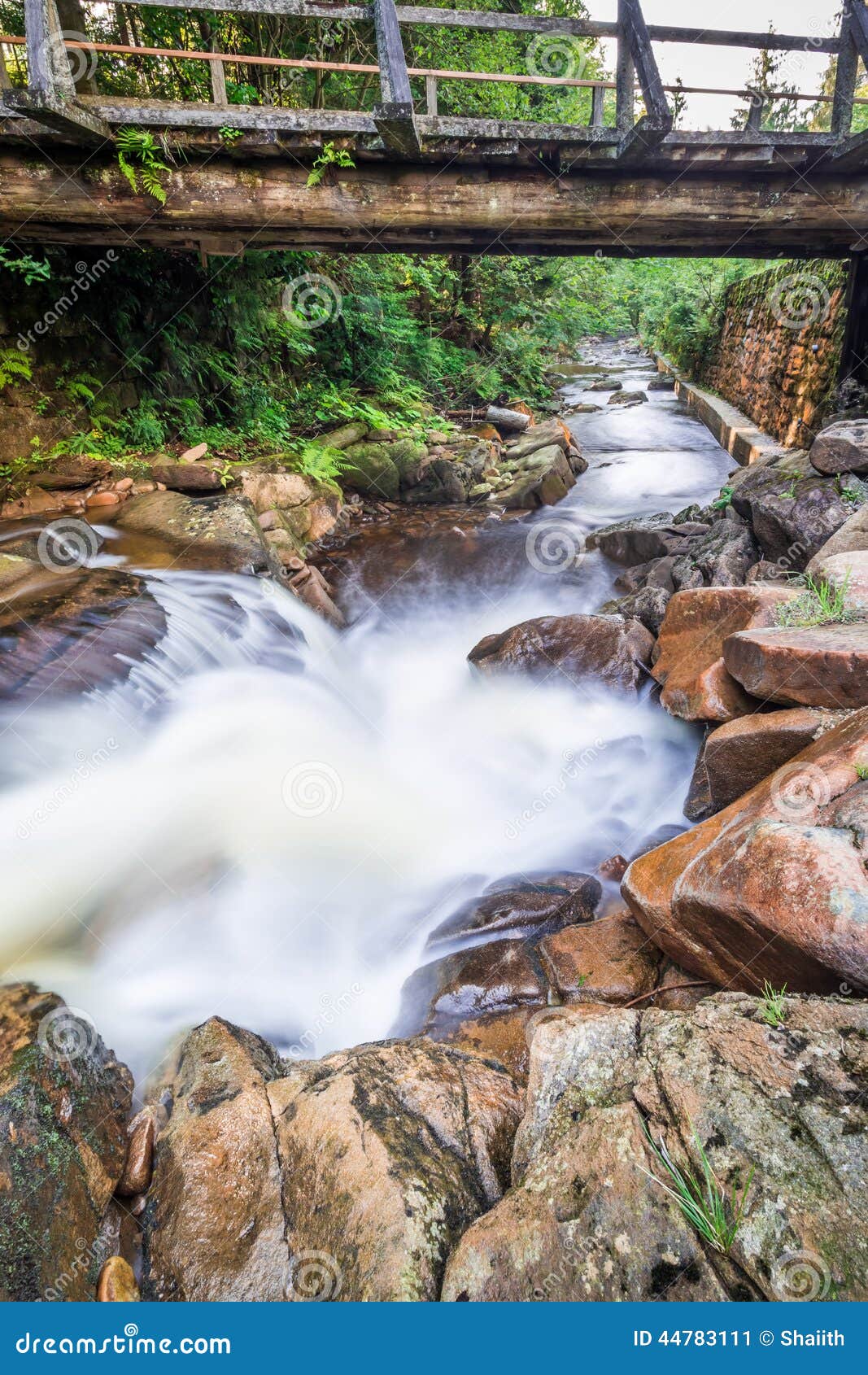 Rushing Mountain Stream Under the Wooden Bridge Stock Image - Image of ...