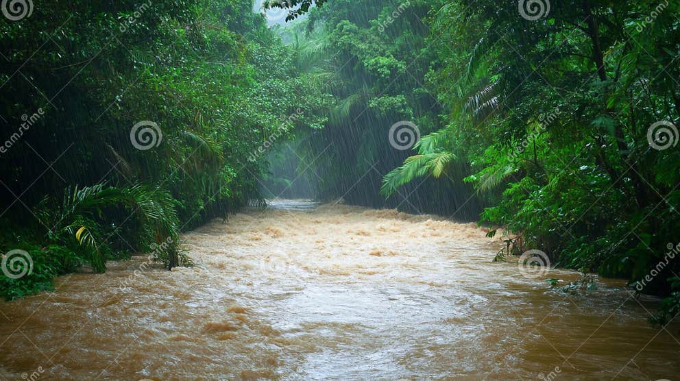 A Rushing River through Dense, Rain-Soaked Rainforest Stock ...