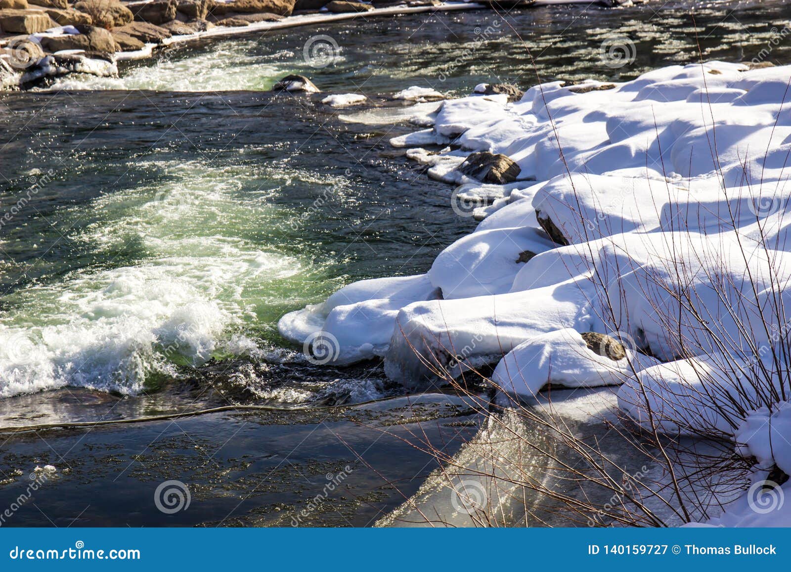 Rushing River in Winter with Snow Covered Shoreline Stock Image - Image ...