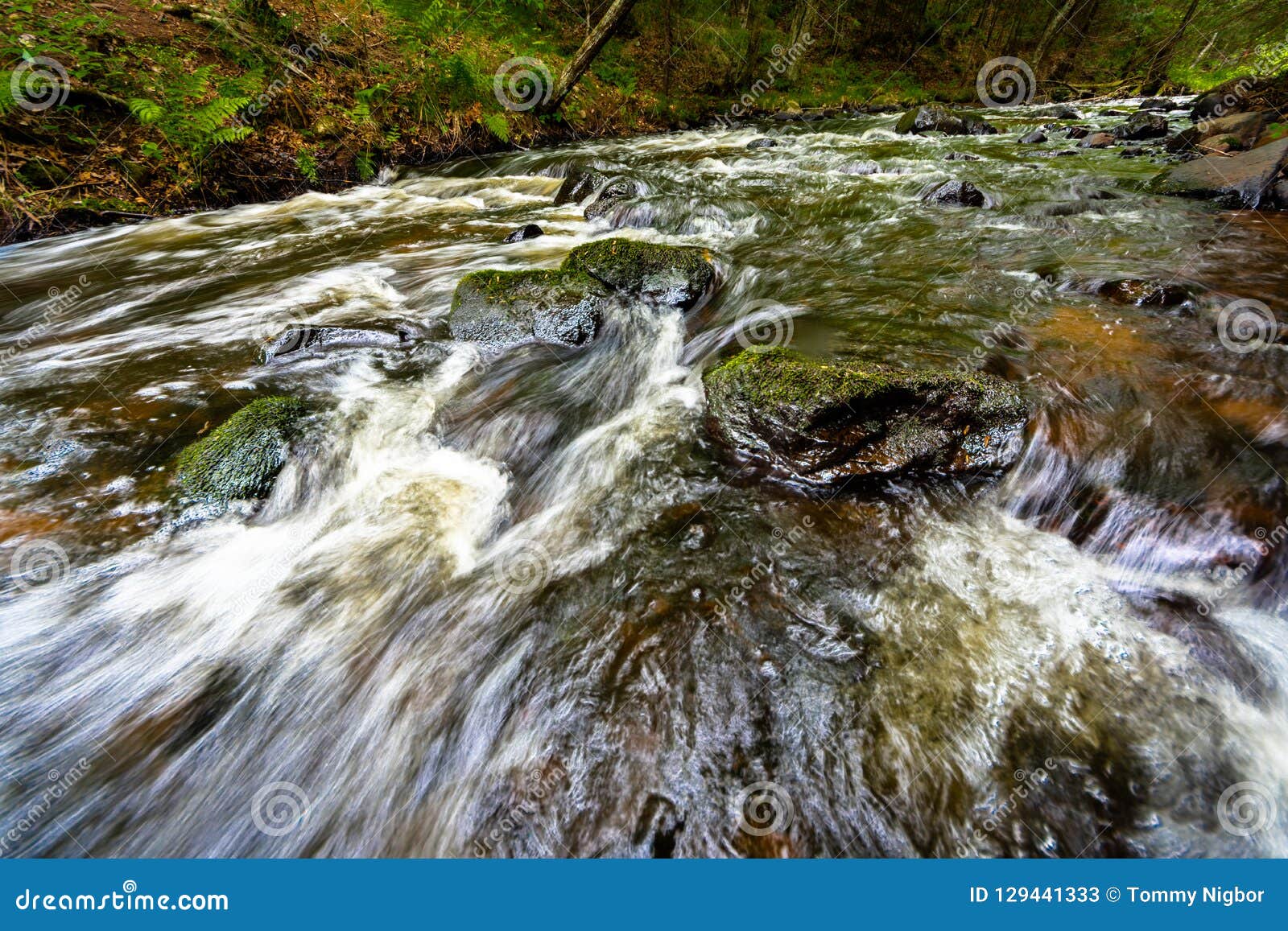 Rushing Stream Over Boulders Green Moss and Rapids Stock Image - Image ...