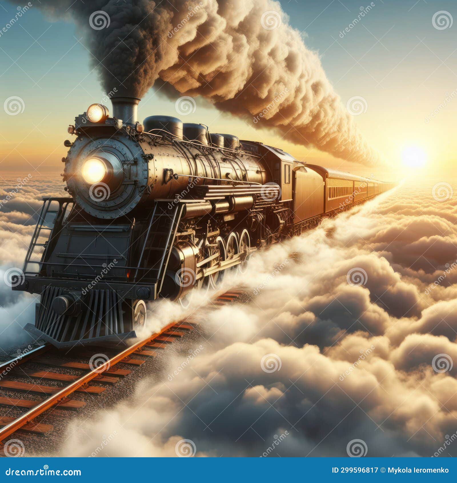 A Rushing Train among the Clouds Against the Backdrop of Sunset. Stock ...