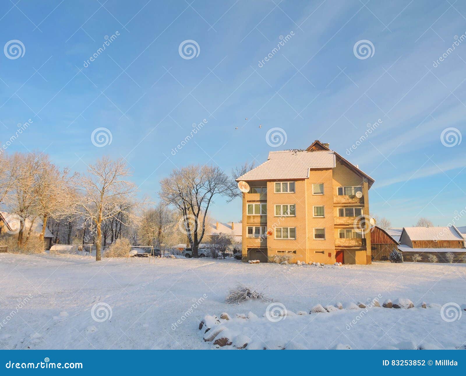 Rusne Town in Winter , Lithuania Stock Photo - Image of lamp, blue ...