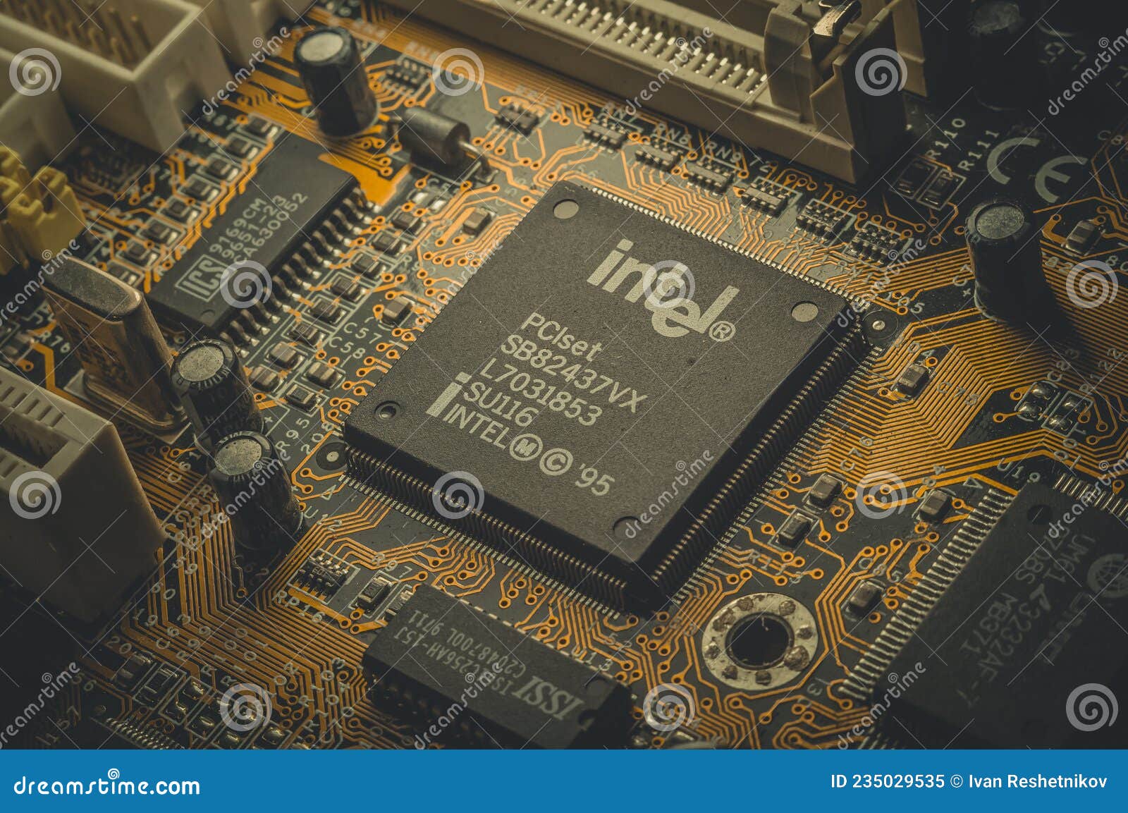 RUSSIA, BERDSK - 2021: Intel Computing Chip on an Old Motherboard. Old ...