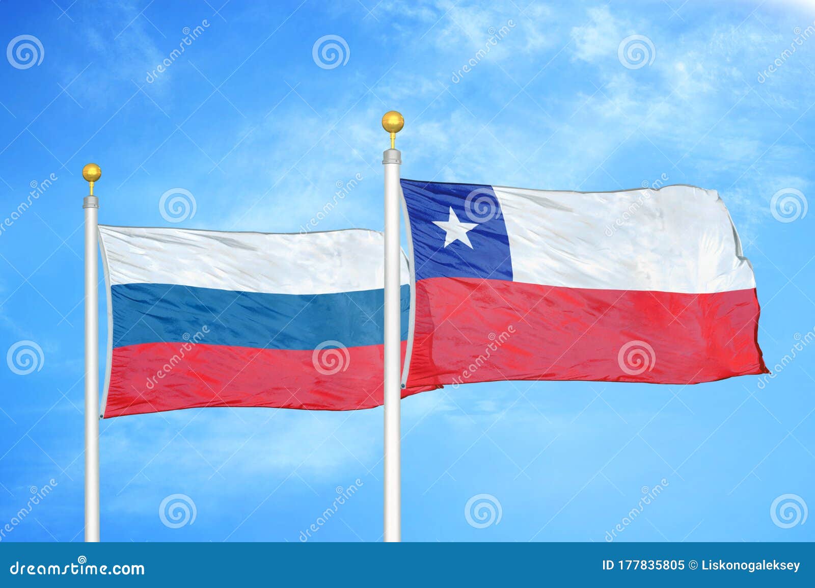 Russia and Chile Two Flags on Flagpoles and Blue Cloudy Sky Stock Image ...