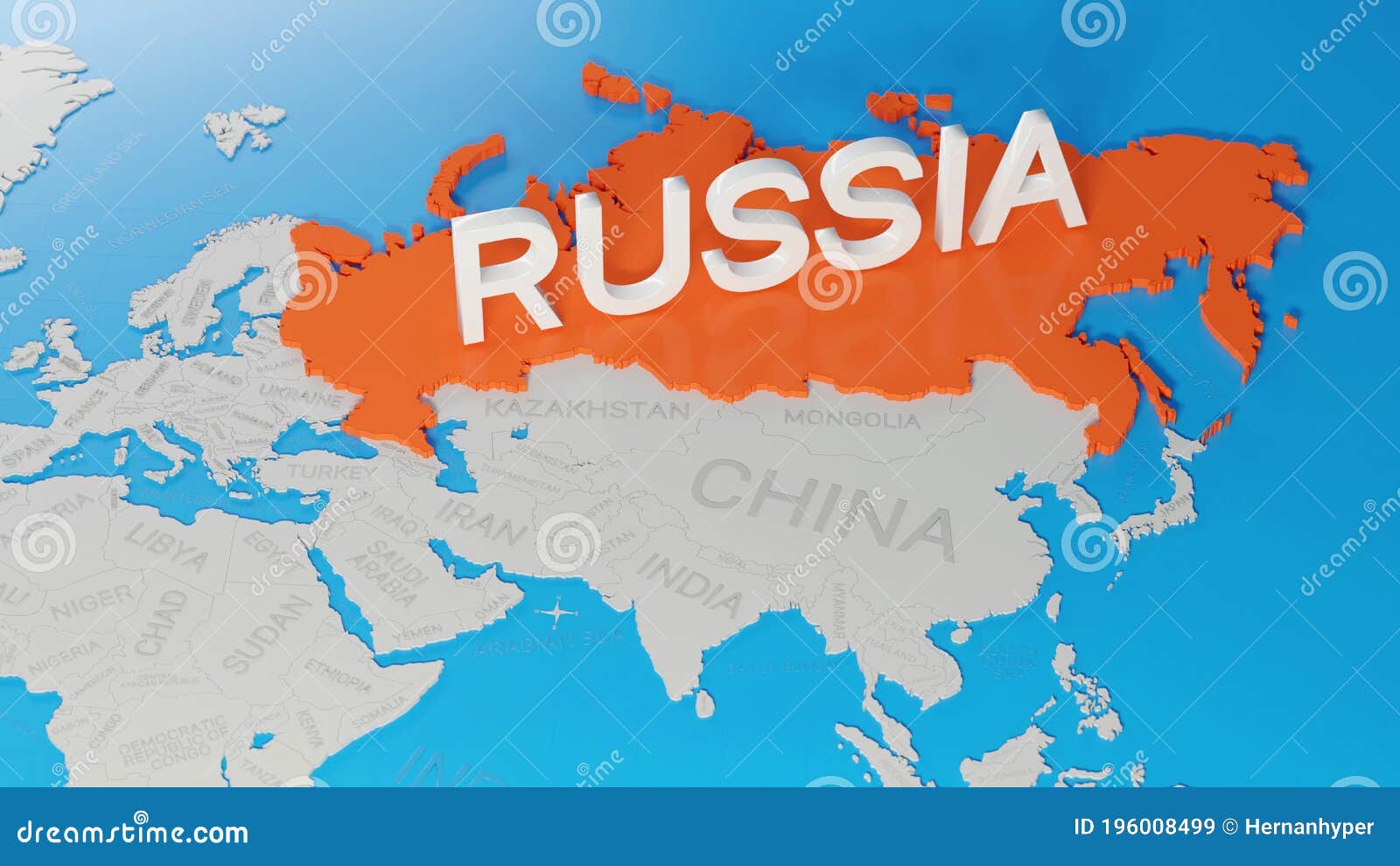 Russia Highlighted On A White Simplified 3D World Map. Digital 3D ...