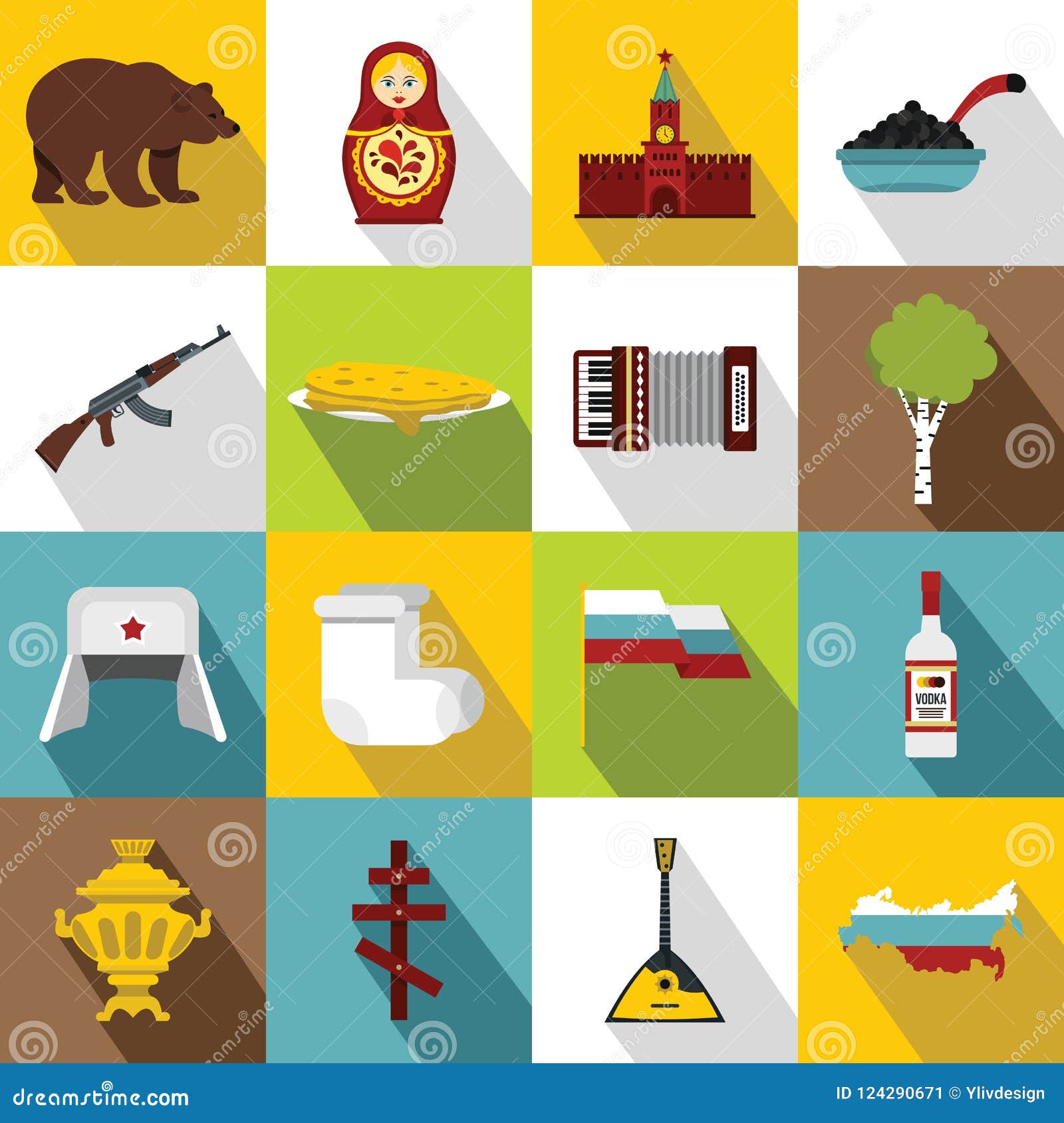 Russia Icons Set, Flat Cartoon Style Icon. Russian Symbol ...