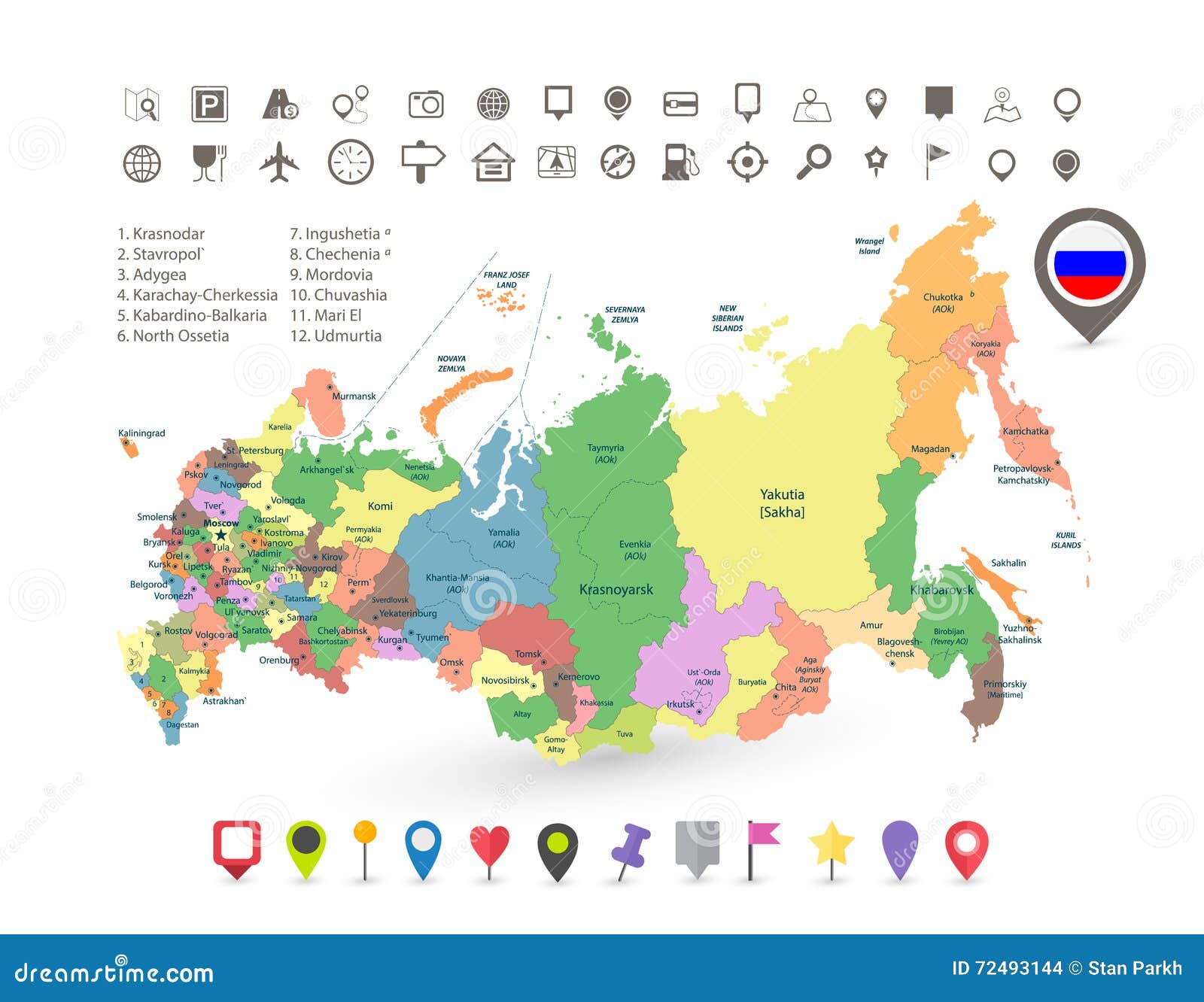 Russia Map with Flag and Navigation Icons Stock Vector - Illustration ...