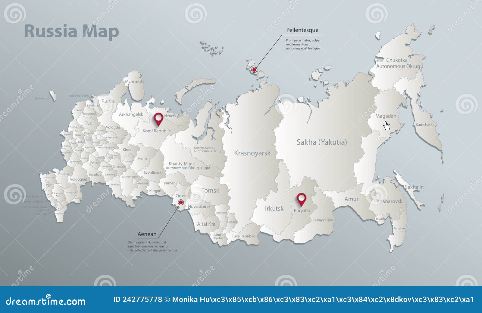 Russia Map, Regions with Names, Blue White Card Paper 3D Stock Vector ...
