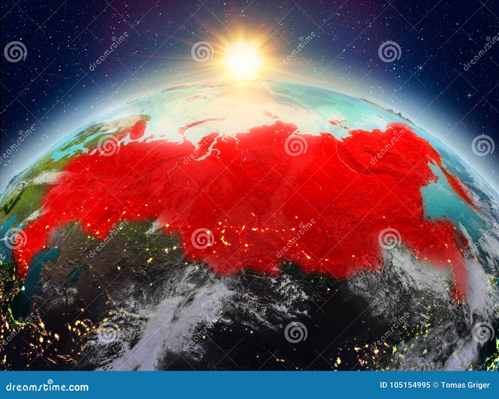 Russia from Space in Sunrise Stock Illustration - Illustration of ...