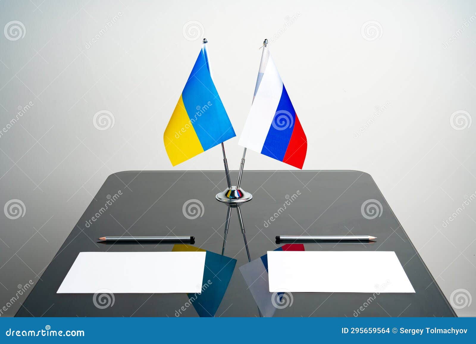 Russia and Ukraine Flags on Negotiation Table Close Up Stock Photo ...