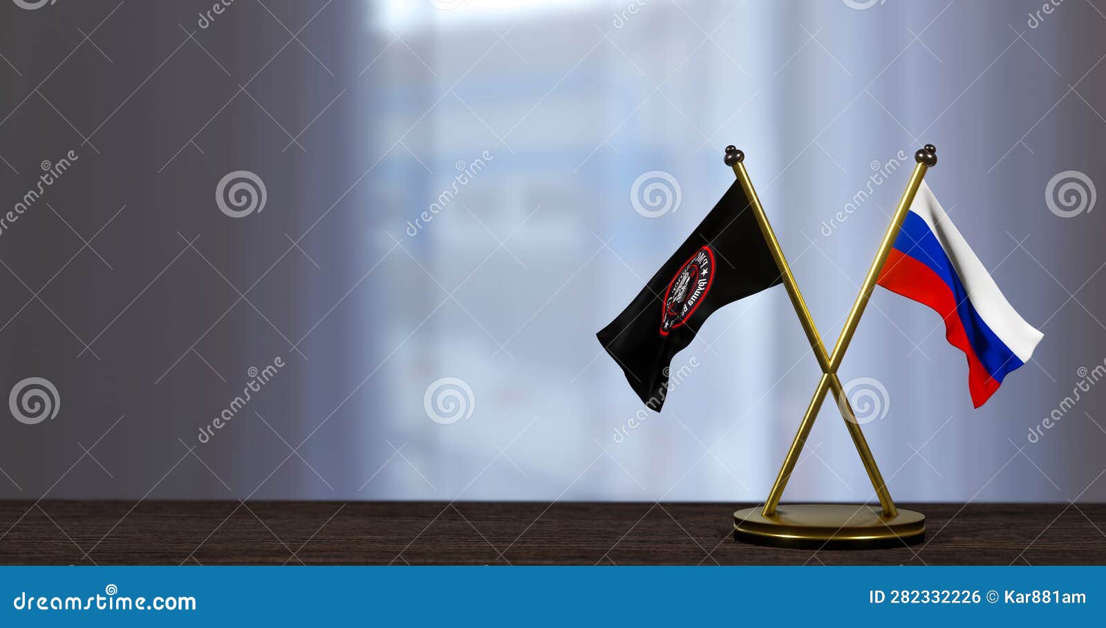 Russia and Wagner Group Flags on Table. Negotiation between Wagner and ...