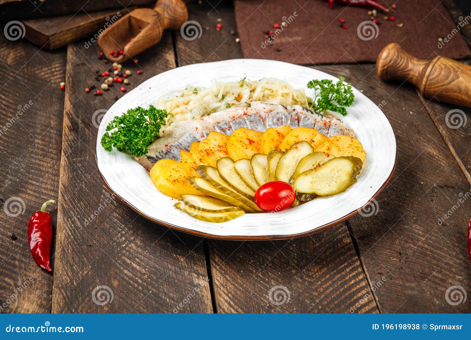 Russian Appetizer with Herring Potato and Pickles Stock Photo - Image ...