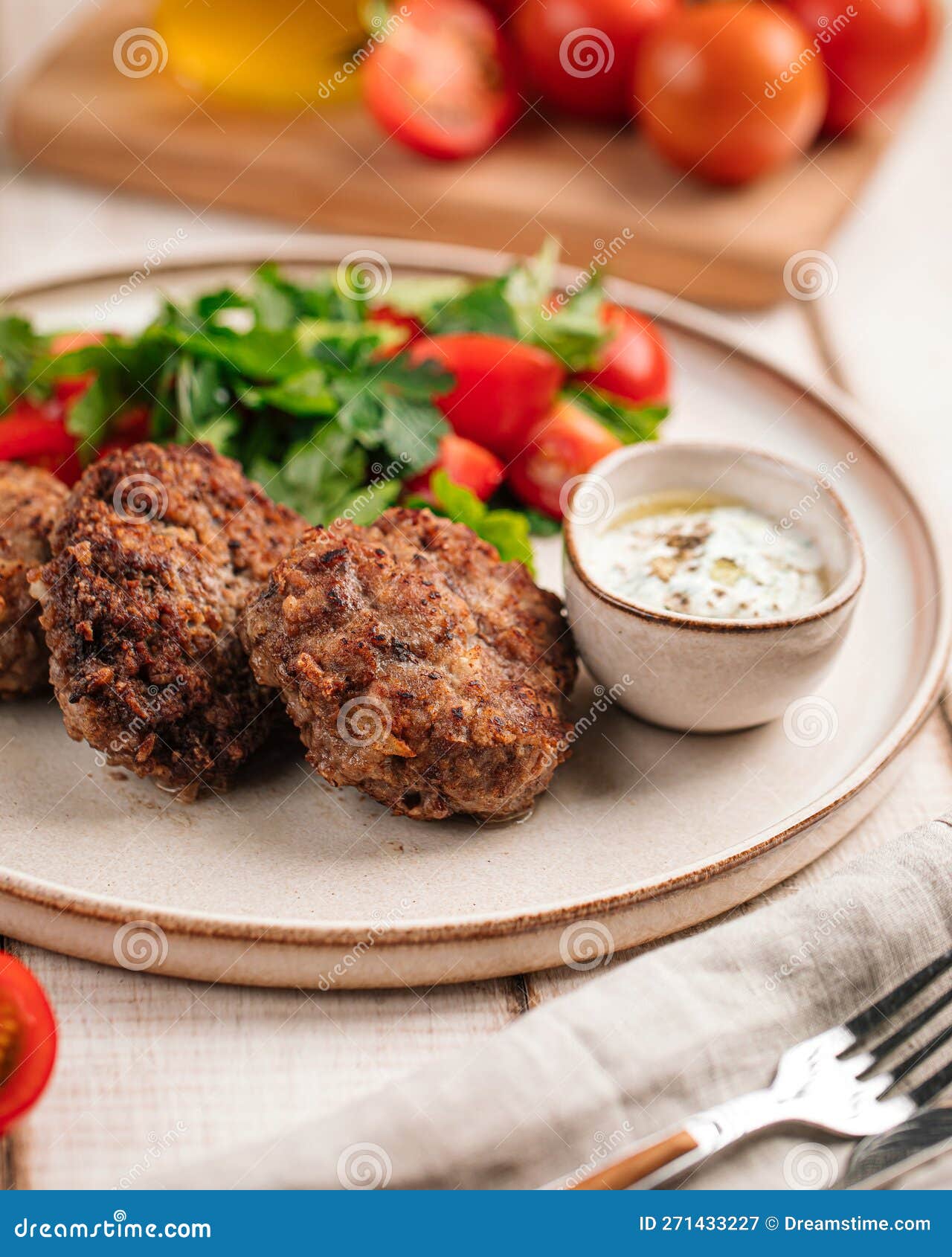 Russian Beef Cutlets with Sauce and Salad Stock Image - Image of ...