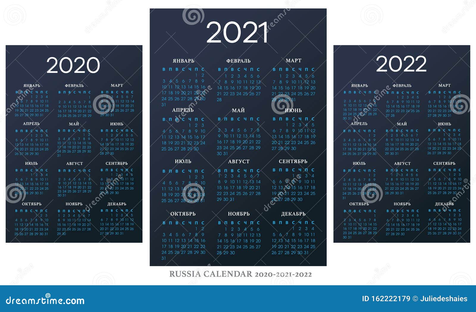 Russian Calendar 2020-2021-2022 Vector Template Stock Vector ...