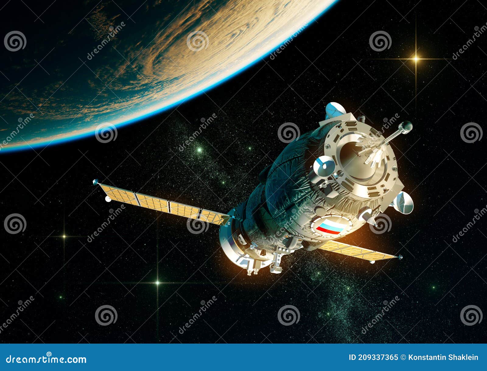 Spacecraft Orbiting Earth With Thrusters Blazing And Blue Planet ...