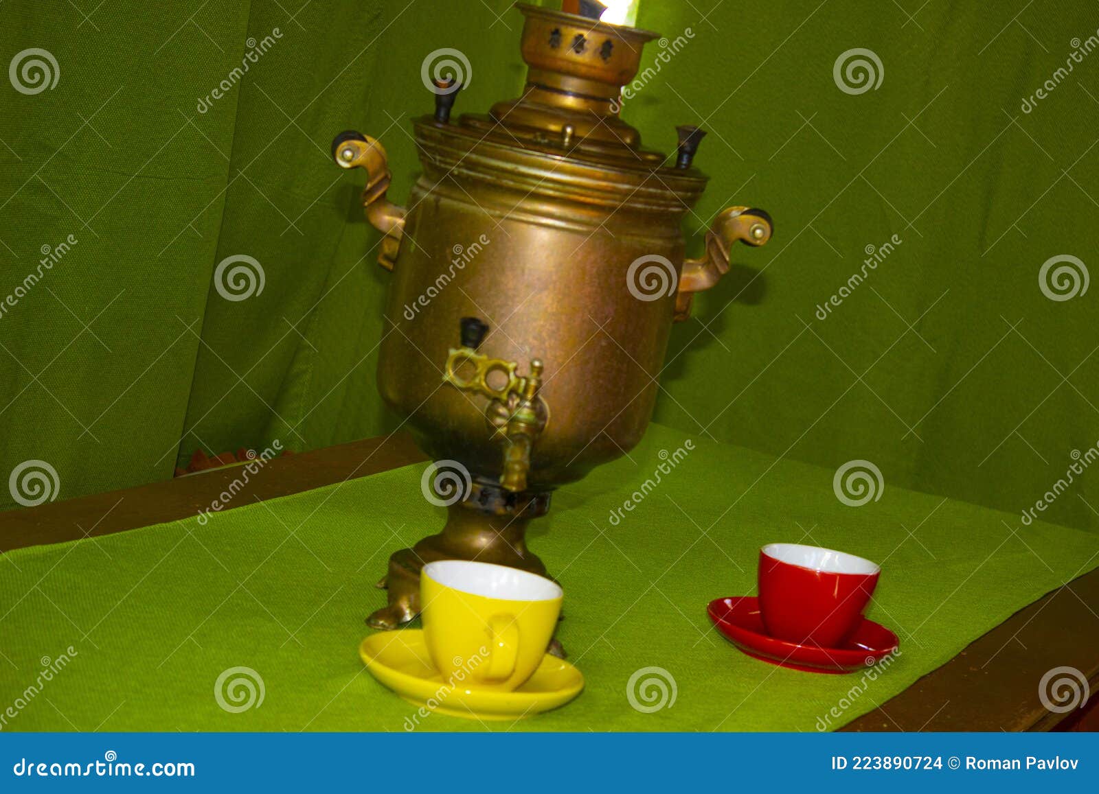 Russian Copper Samovar and Tea Cups on the Table Stock Photo - Image of ...