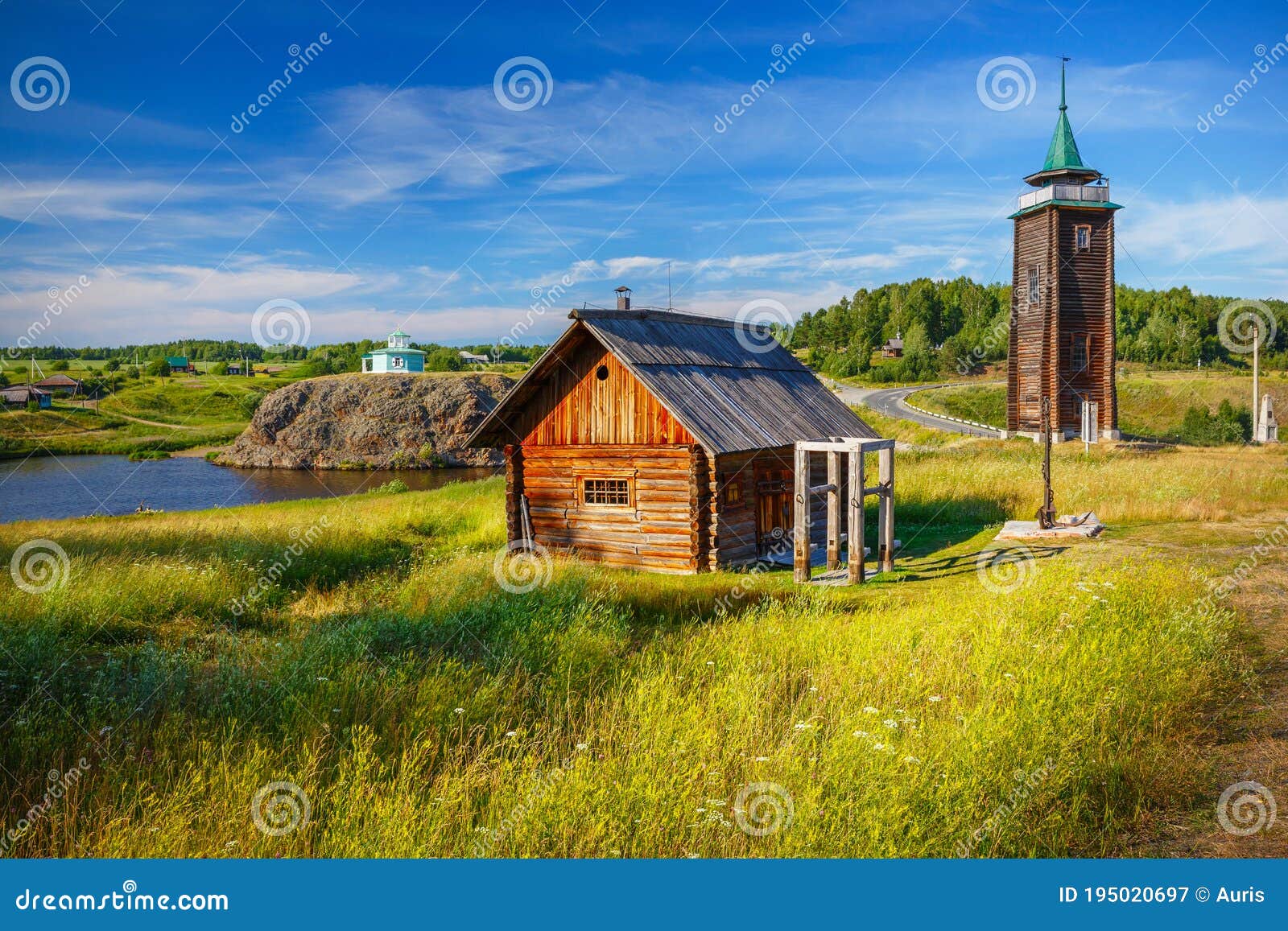 Russian Countryside with Old Log House and Fire Tower Stock Image ...