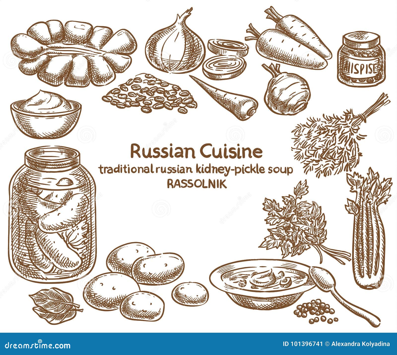 Russian Cuisine, Rassolnik Ingredients, Vector Sketch Stock Vector ...