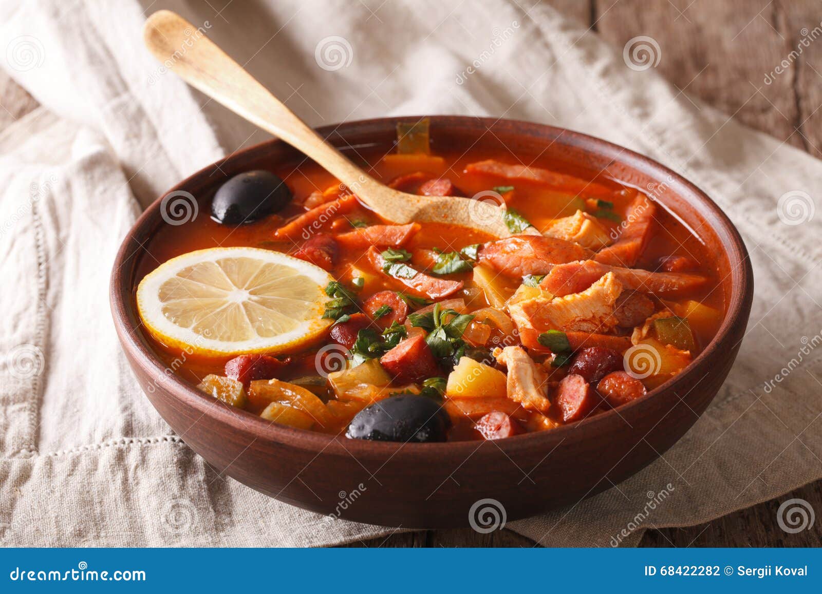 Russian Cuisine Soup Solyanka Closeup on the Table. Horizontal Stock ...