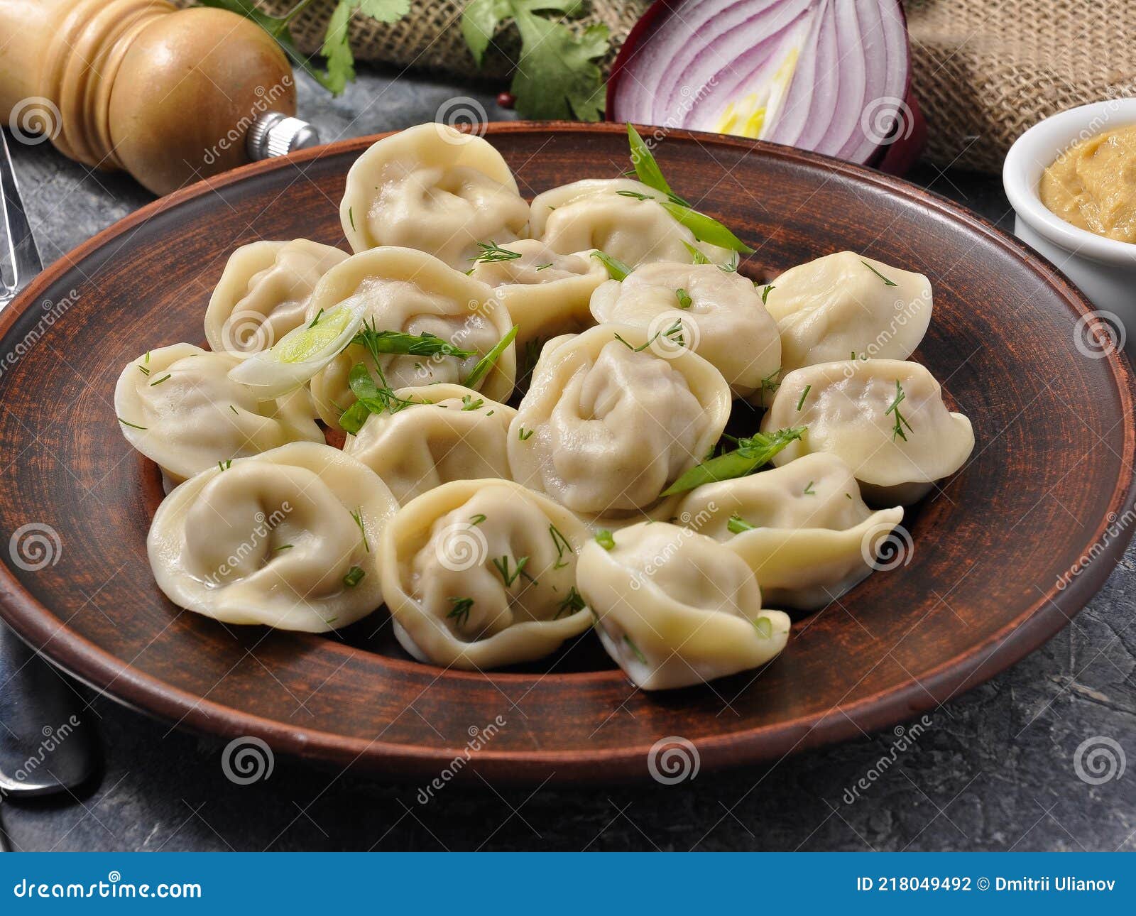Russian Dumplings on a Clay Plate with Mustard Stock Photo - Image of ...