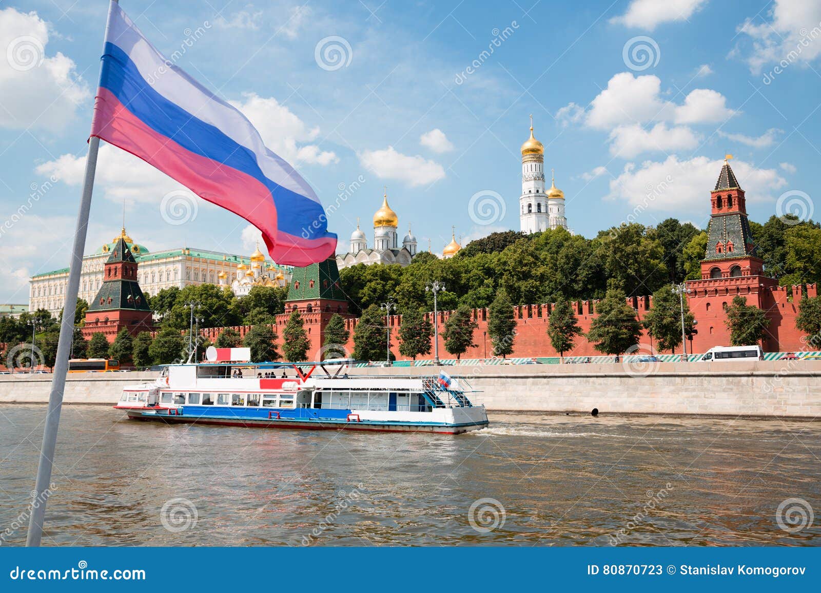 Russian Flag on Background of Moscow Kremlin and Moscow River Stock ...