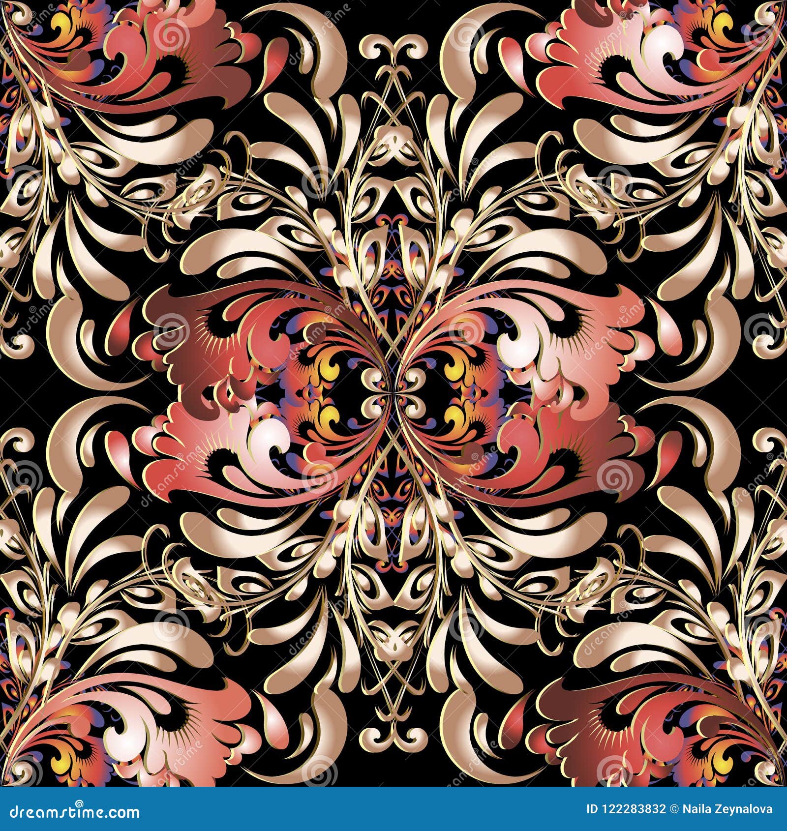 Russian Floral 3d Vector Seamless Pattern. Stock Vector - Illustration ...