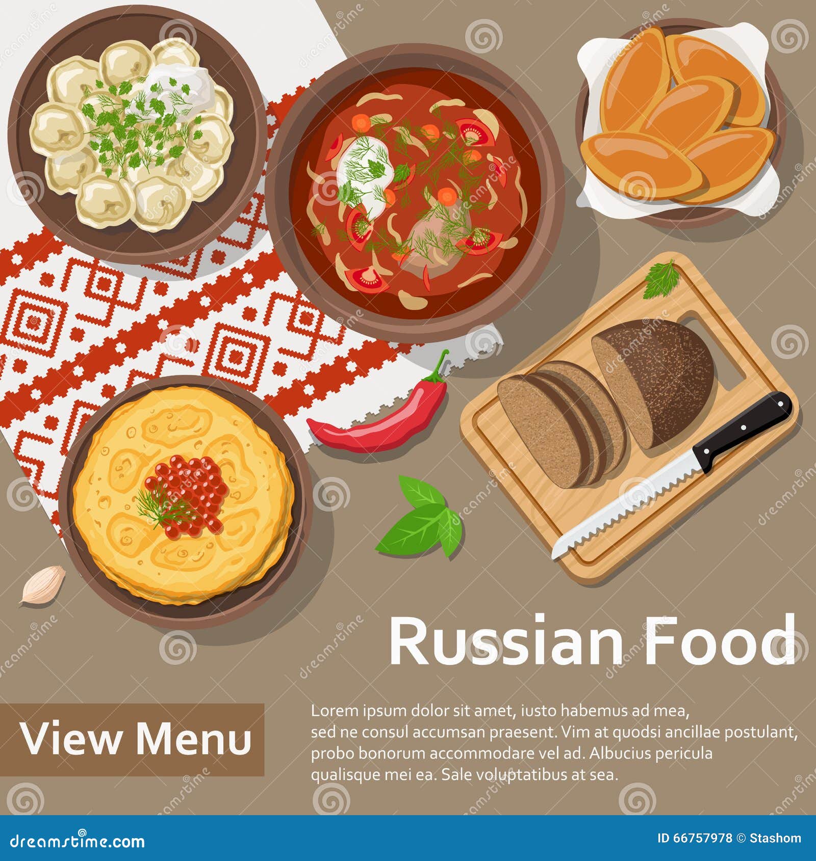 Russian Food. Flat Lay Style Illustration Stock Vector - Illustration ...