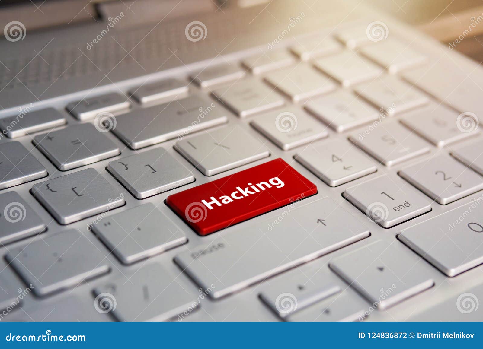 Russian Hacker Hacking the Server. Color Button on the Gray Silver ...