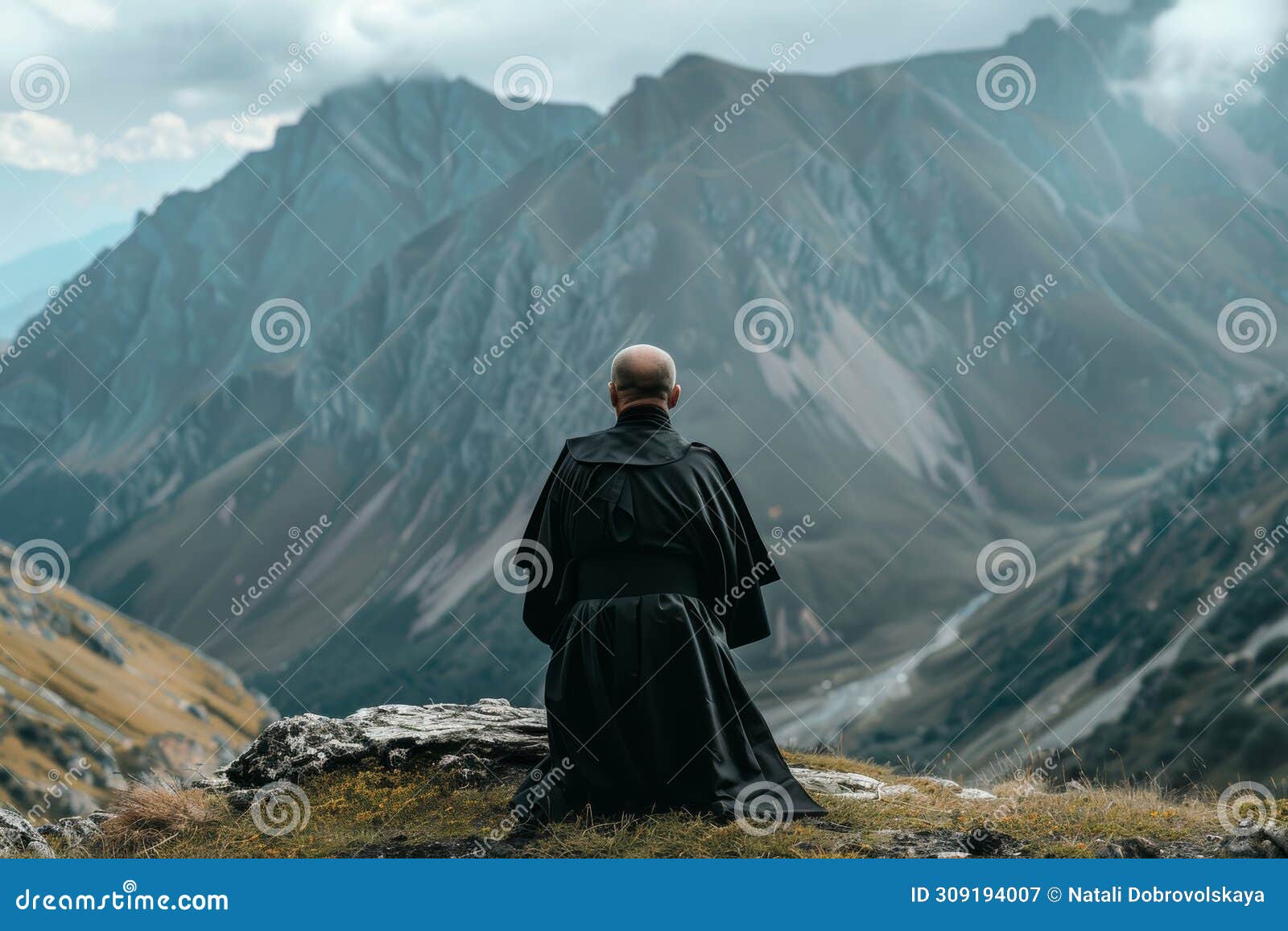 Russian Orthodox Monk Standing in Mountains from His Back in Mountains ...
