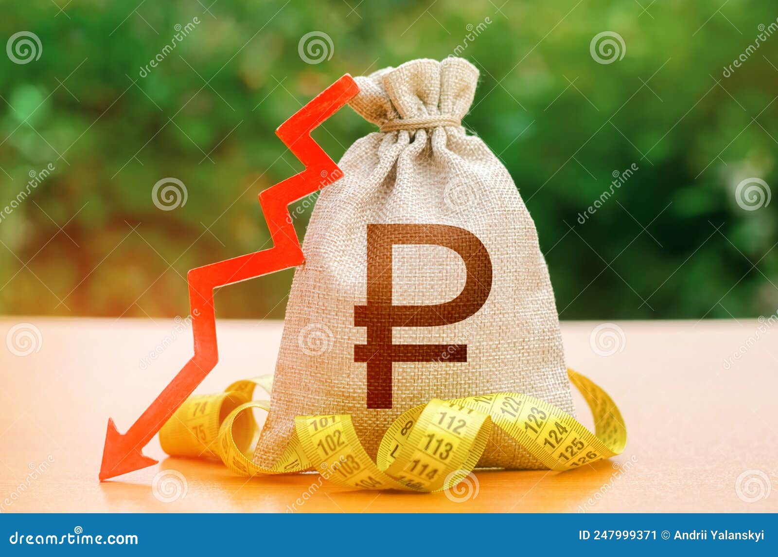 Russian Ruble Money Bag with Down Arrow and Measure Tape. Reduced Wages ...