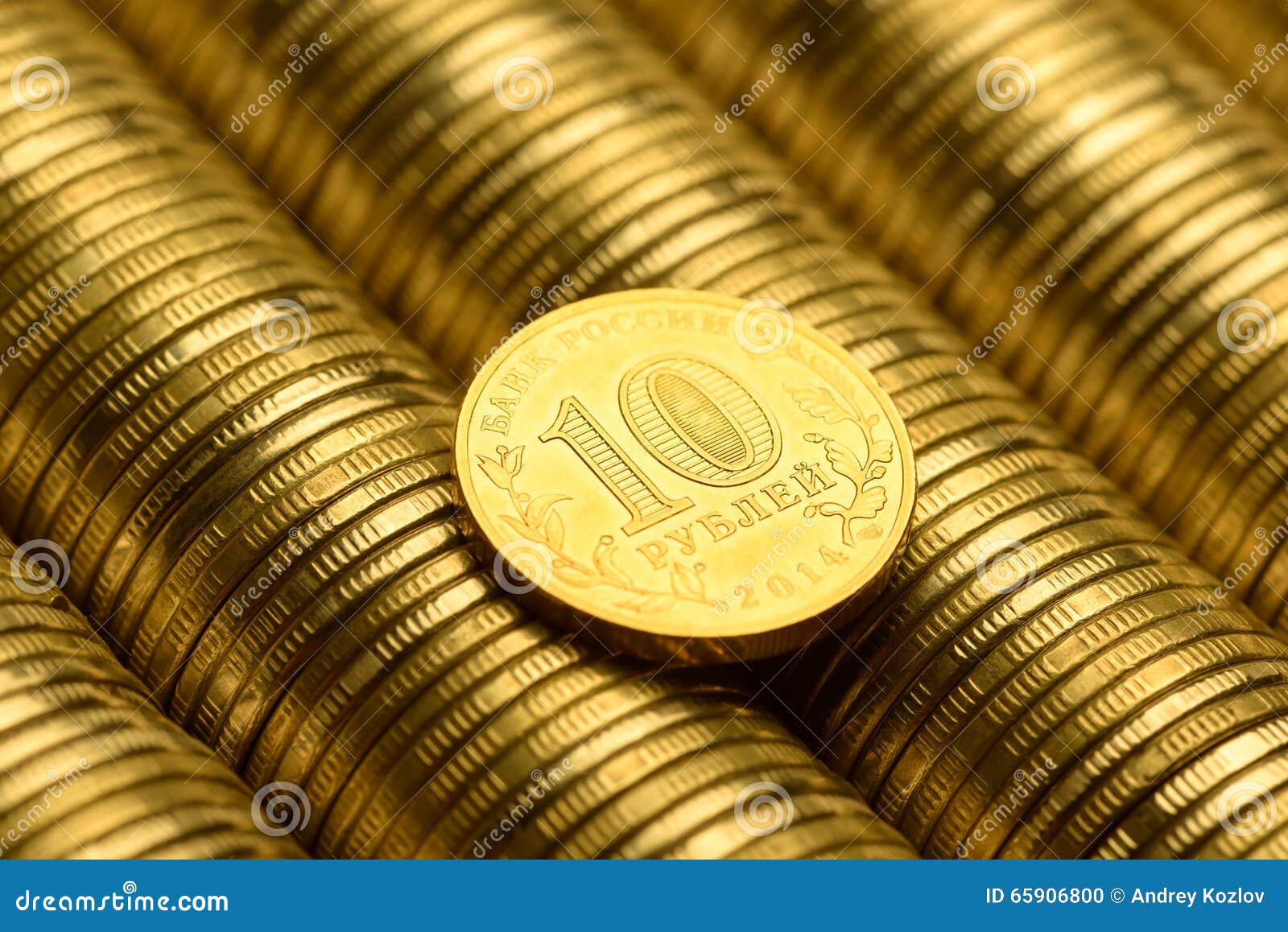 Russian Rubles Stack Of Metal Gold Coins Background Stock Photo ...