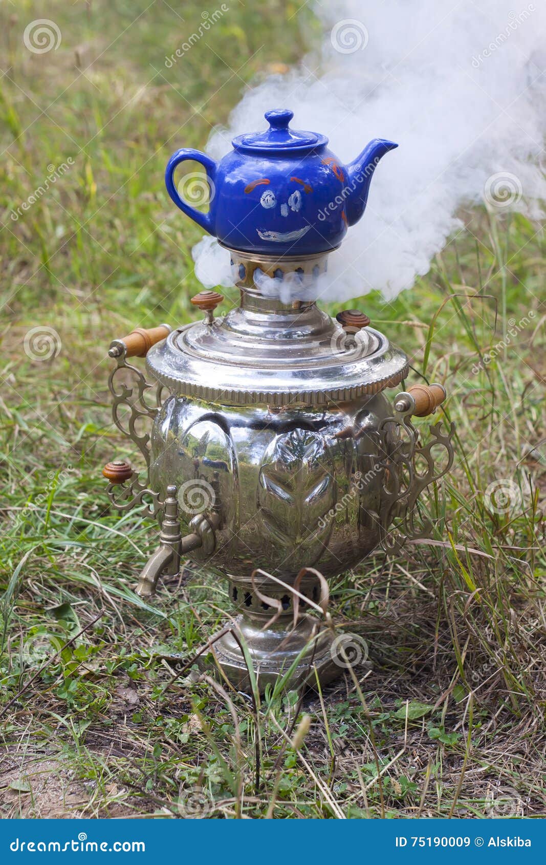 Russian Samovar and a Teapot Stock Image - Image of smoke, outdoors ...
