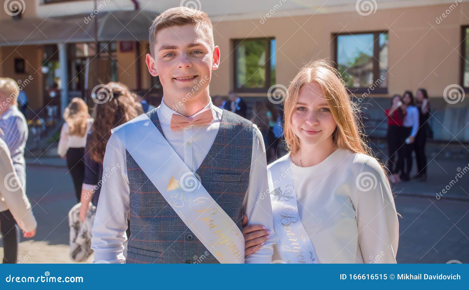 Russian Schoolchildren Graduates Posing on the Day of Graduation. Stock ...